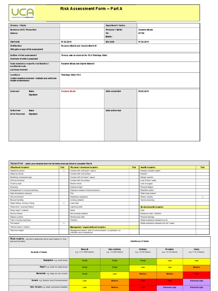 Risk Assessment Form - Part A: Address Tel: Mobile: Roxanne Meats 07799 ...