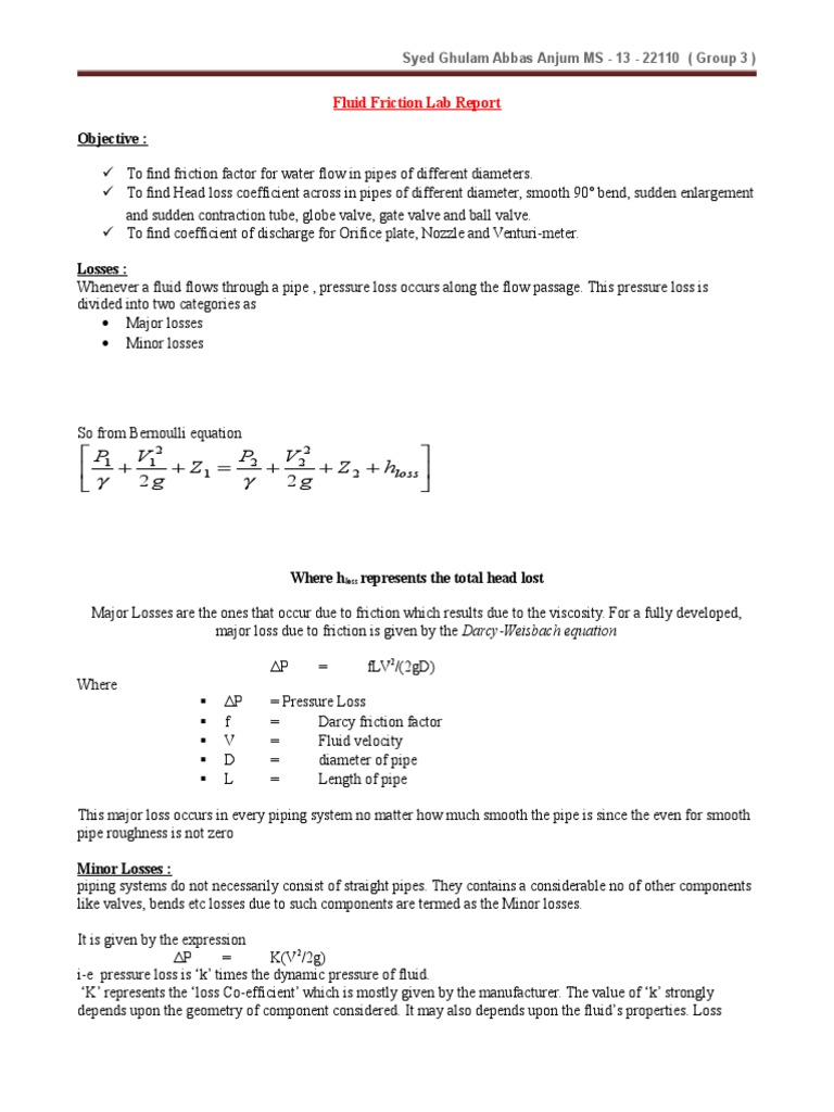 Friction Factor Experiment | PDF | Fluid Dynamics | Reynolds Number