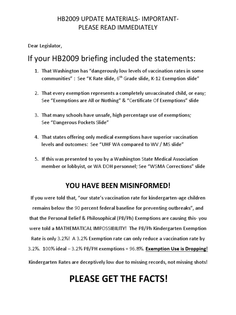 Dear Legislator HB2009 Update WSMA Corrections | PDF | Vaccines | Virology
