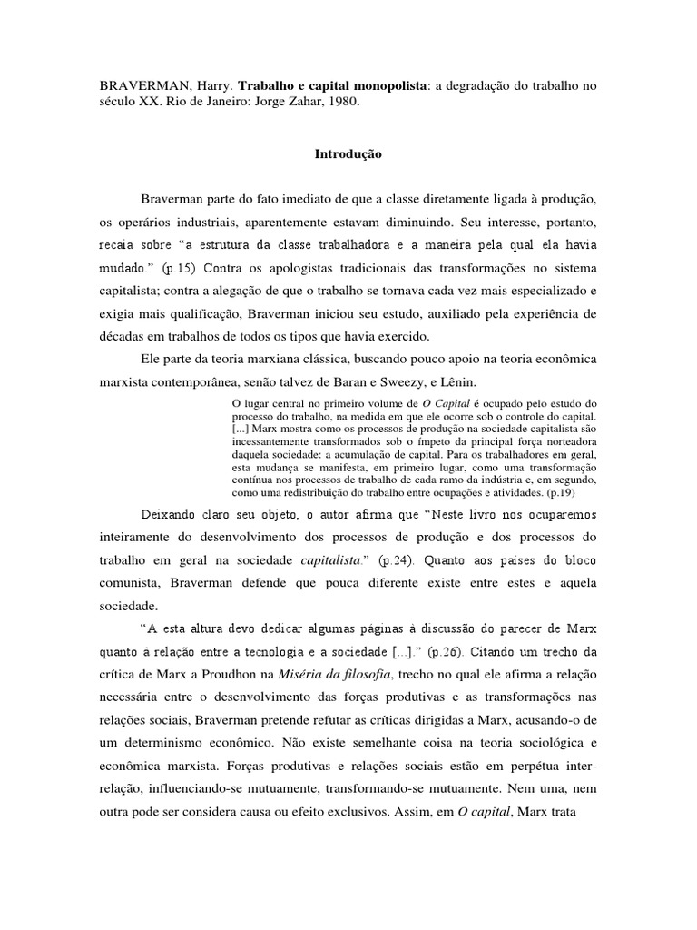 BRAVERMAN Harry Trabalho e Capital Monopolista Resenha Parcial | PDF ...