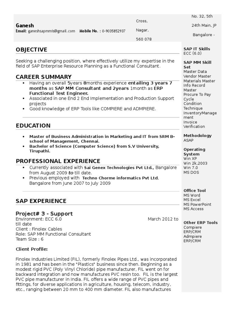 Ganesh: Months As SAP MM Consultant and 2years 1month As ERP Functional ...
