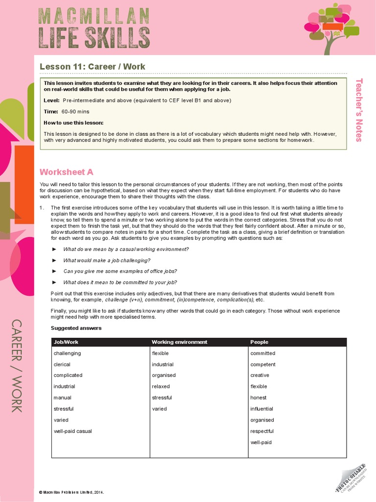 Life Skills Lesson 11 Career Work | PDF | Vocabulary | Cognition