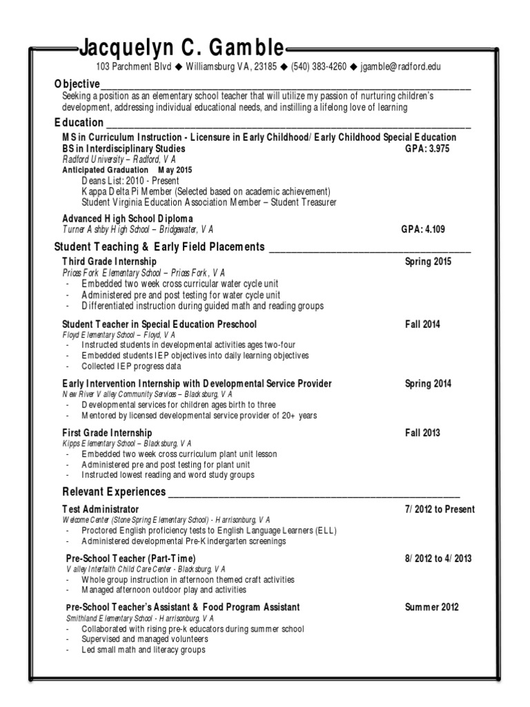 Jacquelyn Carrie Gamble Resume | PDF | Preschool | Early Childhood Education