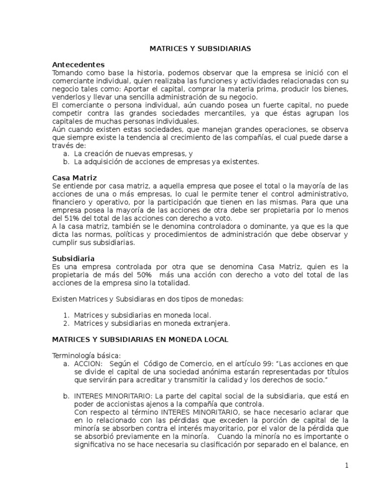 Matrices y Subsidiarias | PDF | Principios contables generalmente ...