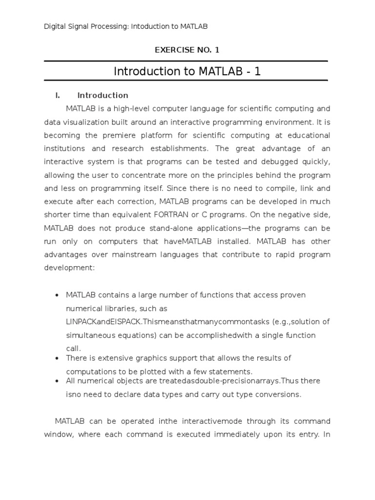 Expt 1introduction To Matlab Pdf Matlab Computer Program 4503
