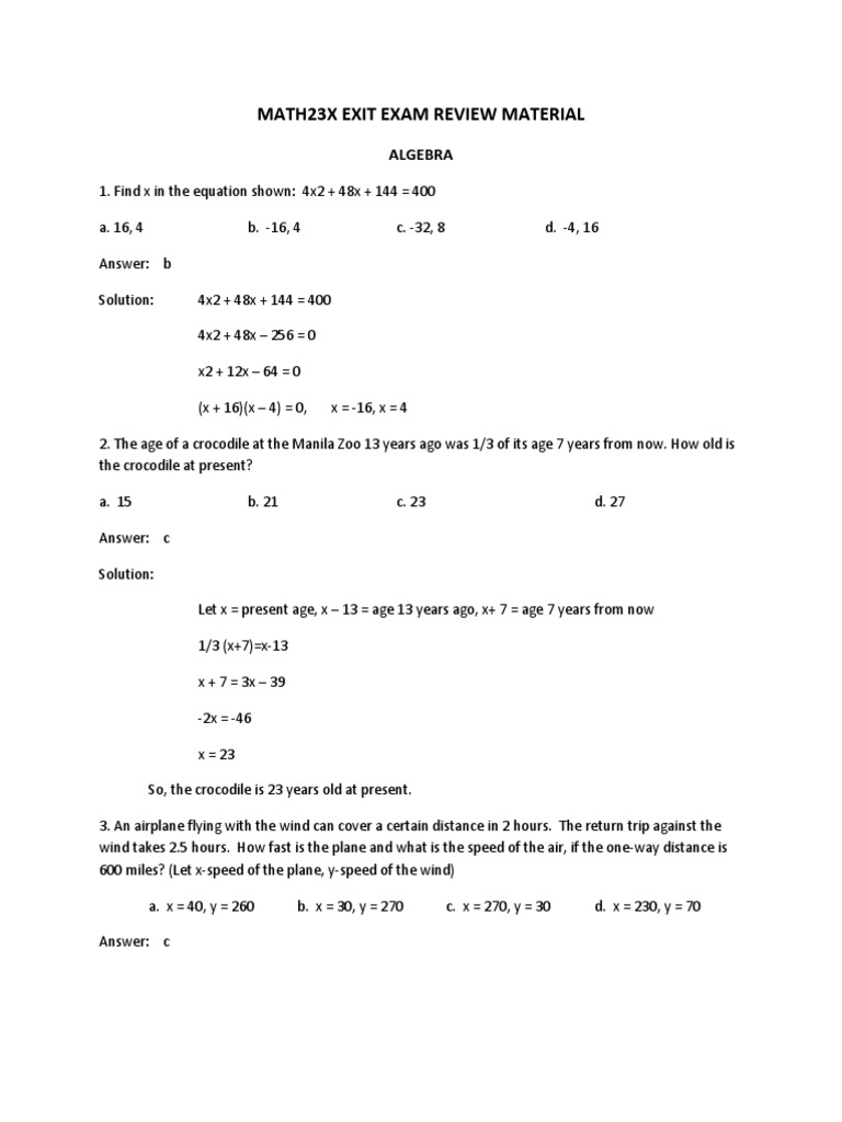 Algebra Exit Exam Review Guide | PDF | Arithmetic | Equations