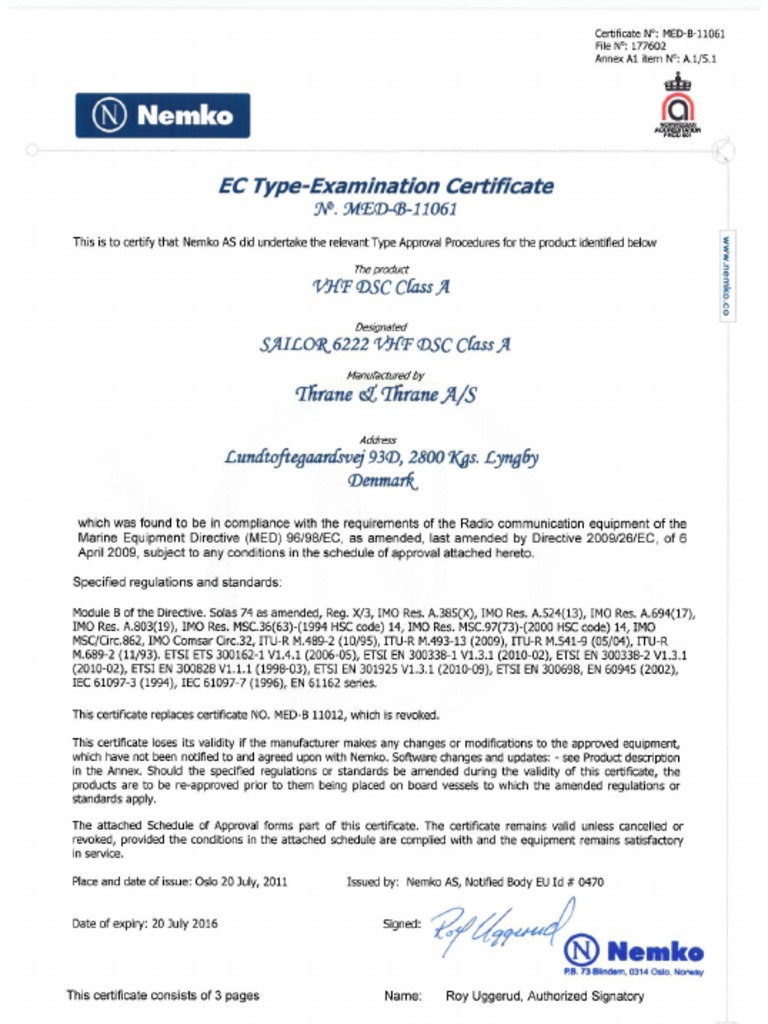 6222 Certificate of Type Examination NEMKO Module B EXP 20 JUL 2016 | PDF