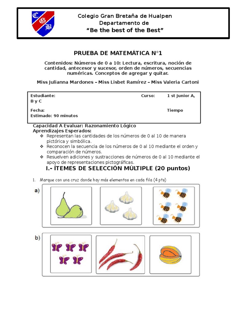 Prueba de Matemática: Números 0-10 | PDF