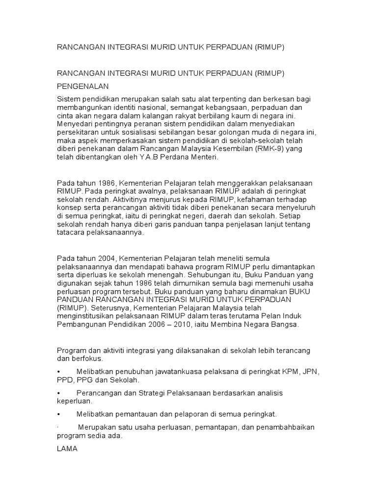 Rancangan Integrasi Murid Untuk Perpaduan (Rimup) | PDF
