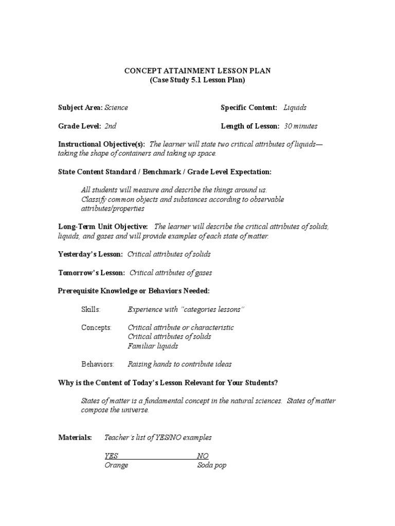 Concept Attainment Lesson Plan: Liquids | PDF | Educational Assessment ...