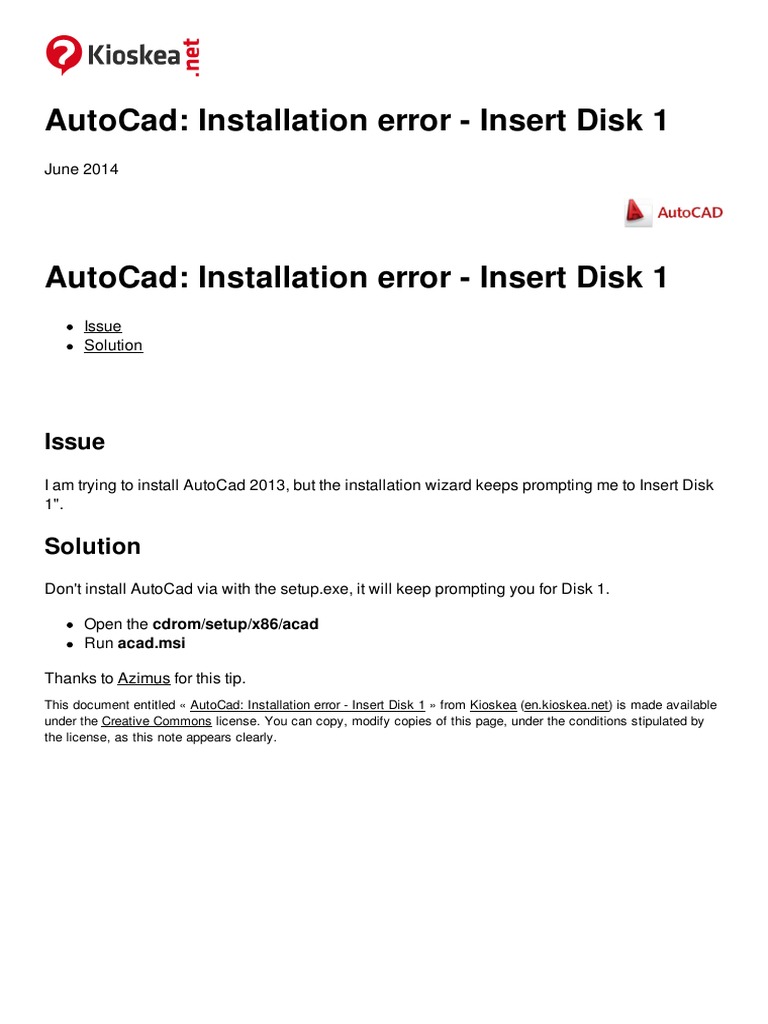 Autocad Installation Error Insert Disk 1 | PDF