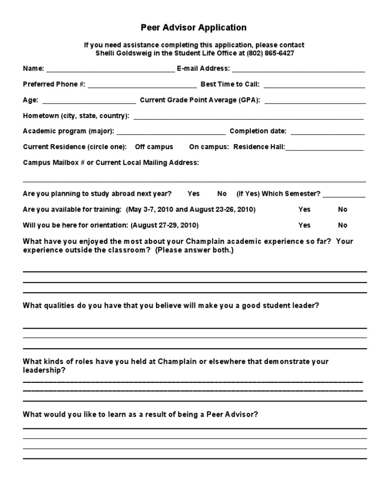 Peer Advisor Application Form | PDF