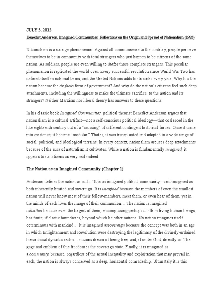Benedict Anderson, Imagined Communities | PDF | Nationalism | French ...