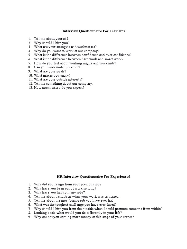 Interview Questionnaire For Fresher's | PDF | Human Resource Management ...