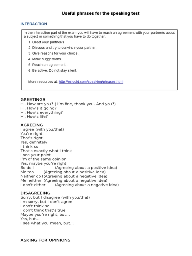 Key Phrases for A2 Speaking Exam | PDF