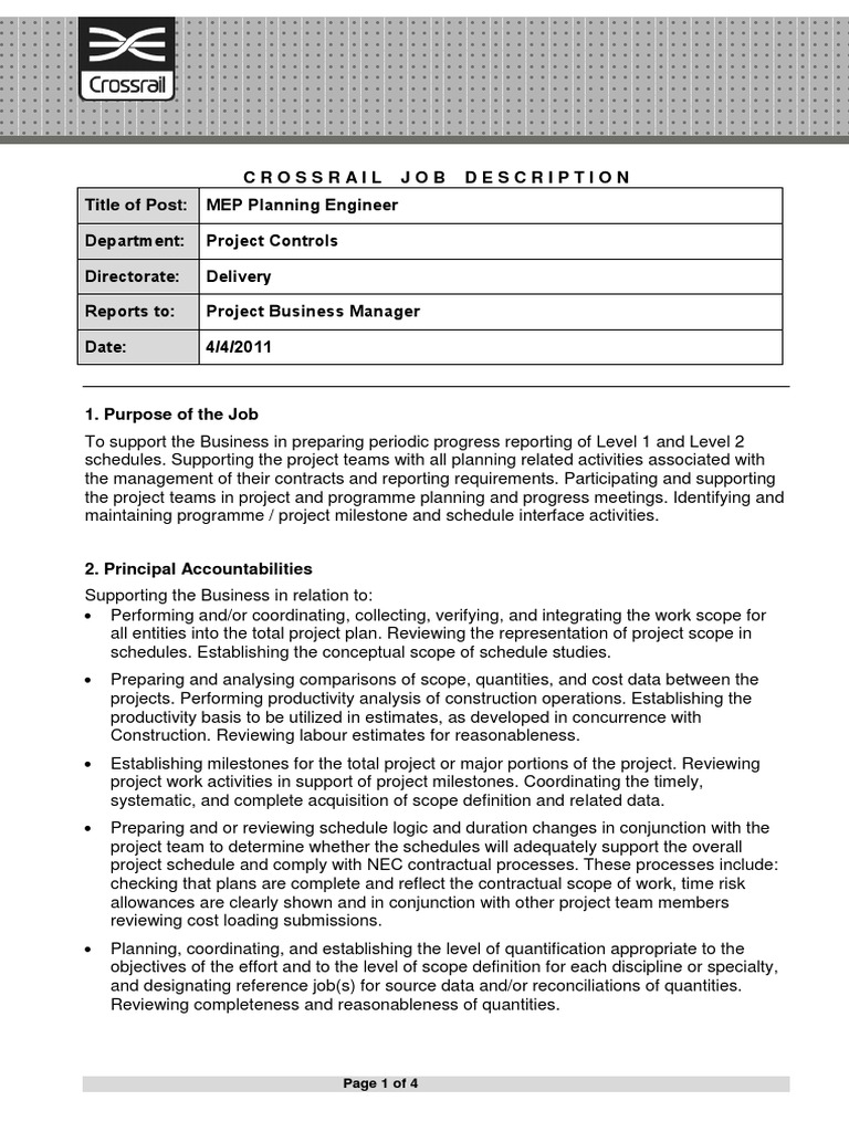 MEP Planning Engineer Job Description | PDF | Occupational Safety And ...