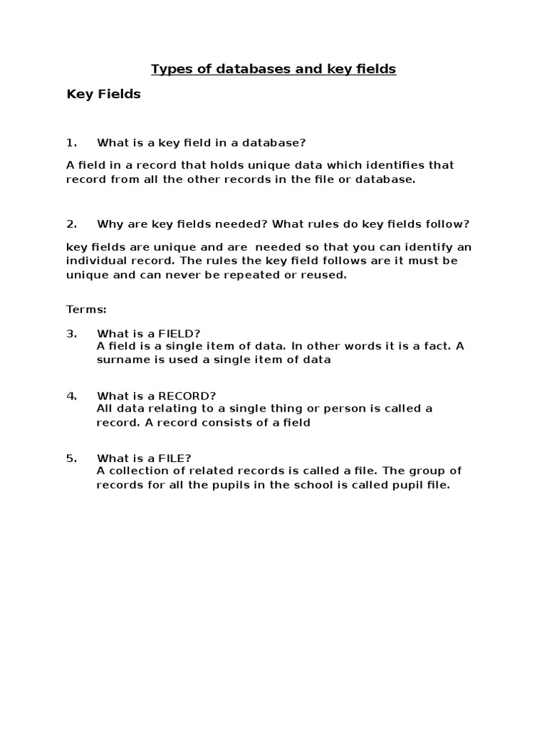 Types of Databases and Key Fields | PDF