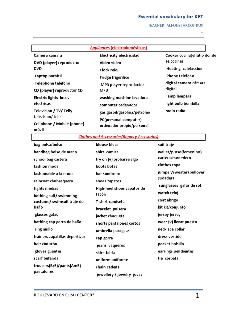 Ket Vocabulary List DEFINITIVA | PDF | Alimentos