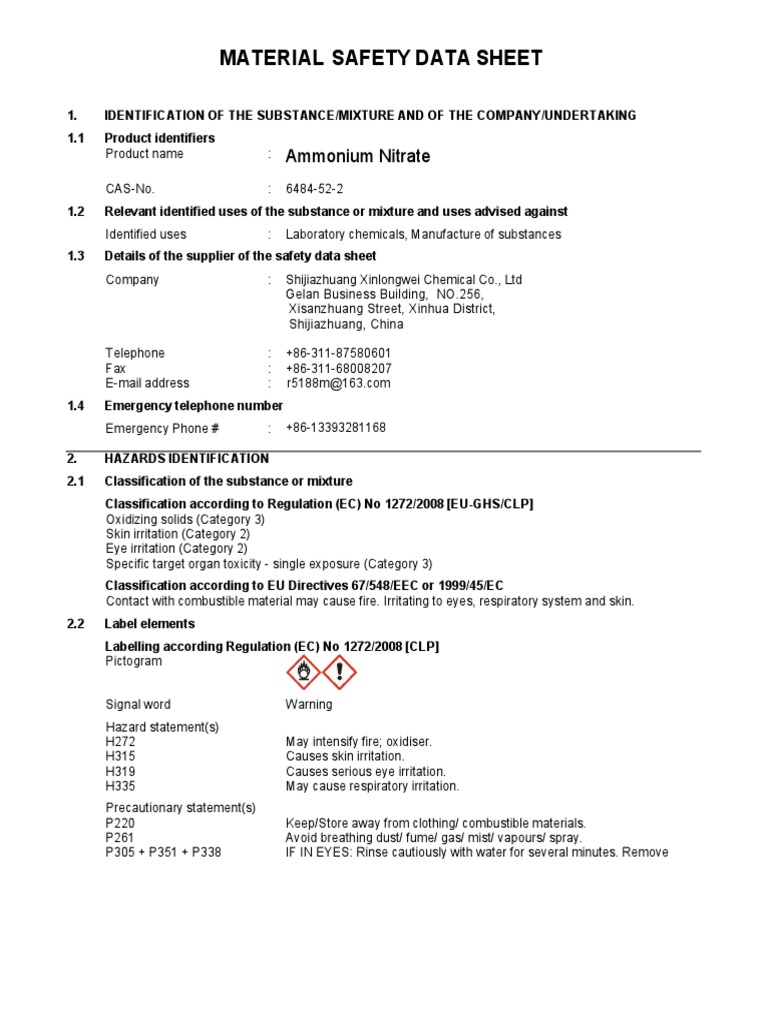 MSDS Ammonium Nitrate | PDF | Toxicity | Personal Protective Equipment