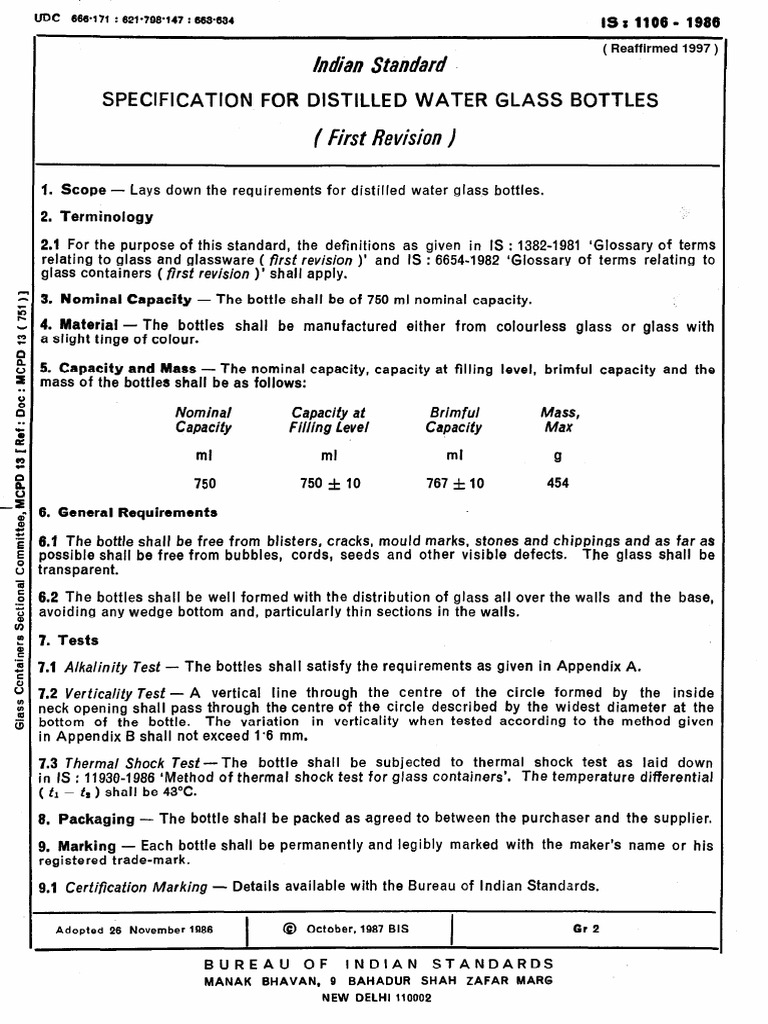 Standard: Specification For Distilled Water Glass Bottles (First Revision | Download Free PDF ...