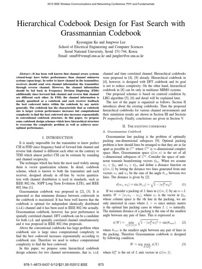 Hierarchical Codebook Design For Fast Search With Grassmannian Codebook Pdf Mimo Matrix