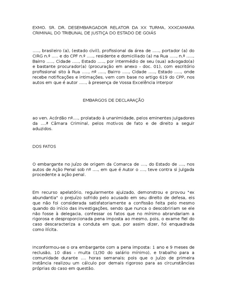 Modelo de Embargo de Declaração | PDF | Confissão (jurídico) | Sentença ...