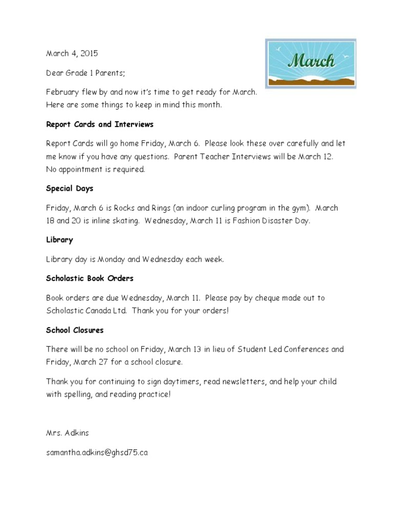 March Updates for Grade 1 Parents | PDF | Wellness