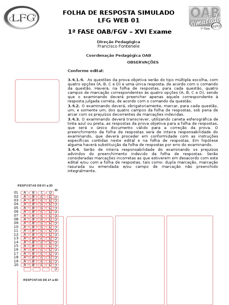 Folha de Respostas OAB 1ª Fase | PDF