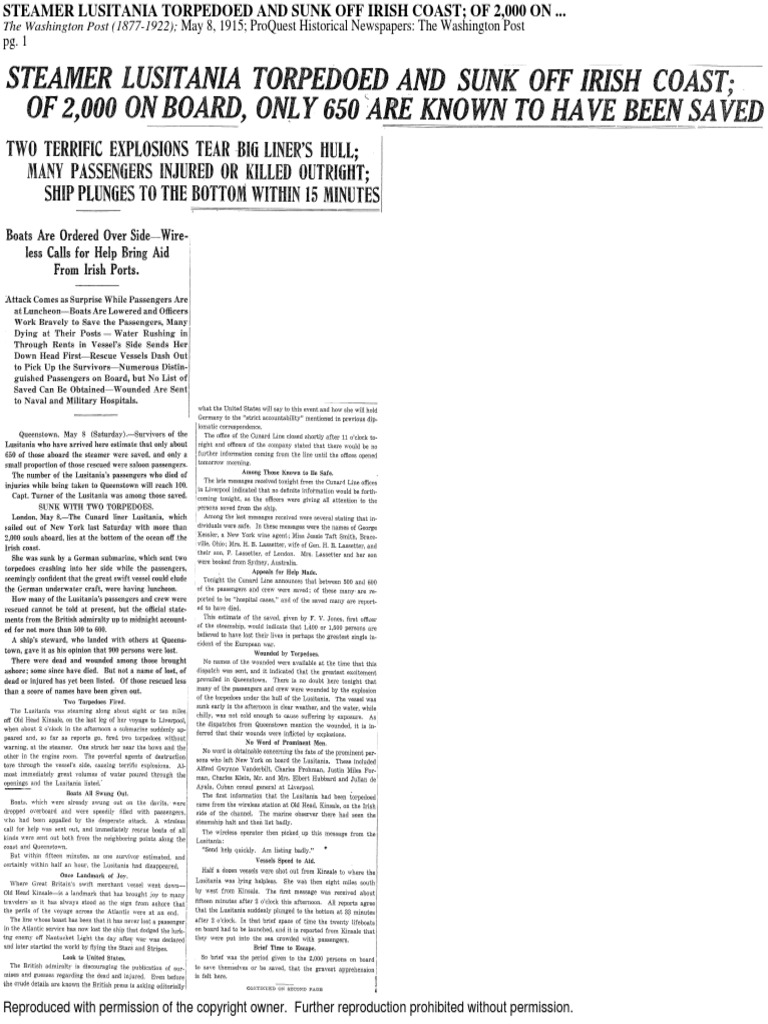 Lusitania Sinking Report from 1915 | PDF