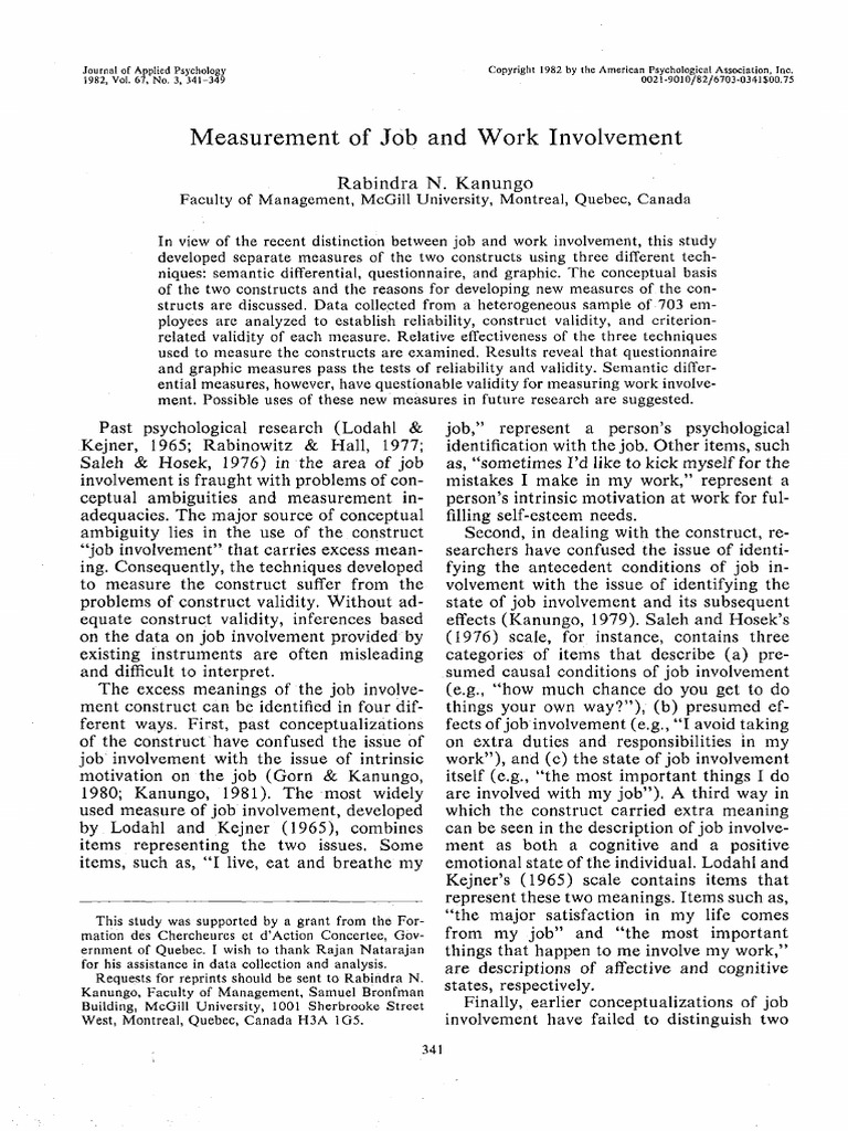 Measurement of Job and Work Involvement | PDF | Validity (Statistics ...