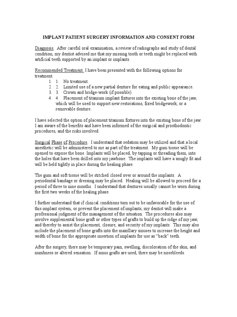Implant Patient Surgery Information and Consent Form | Dental Implant ...