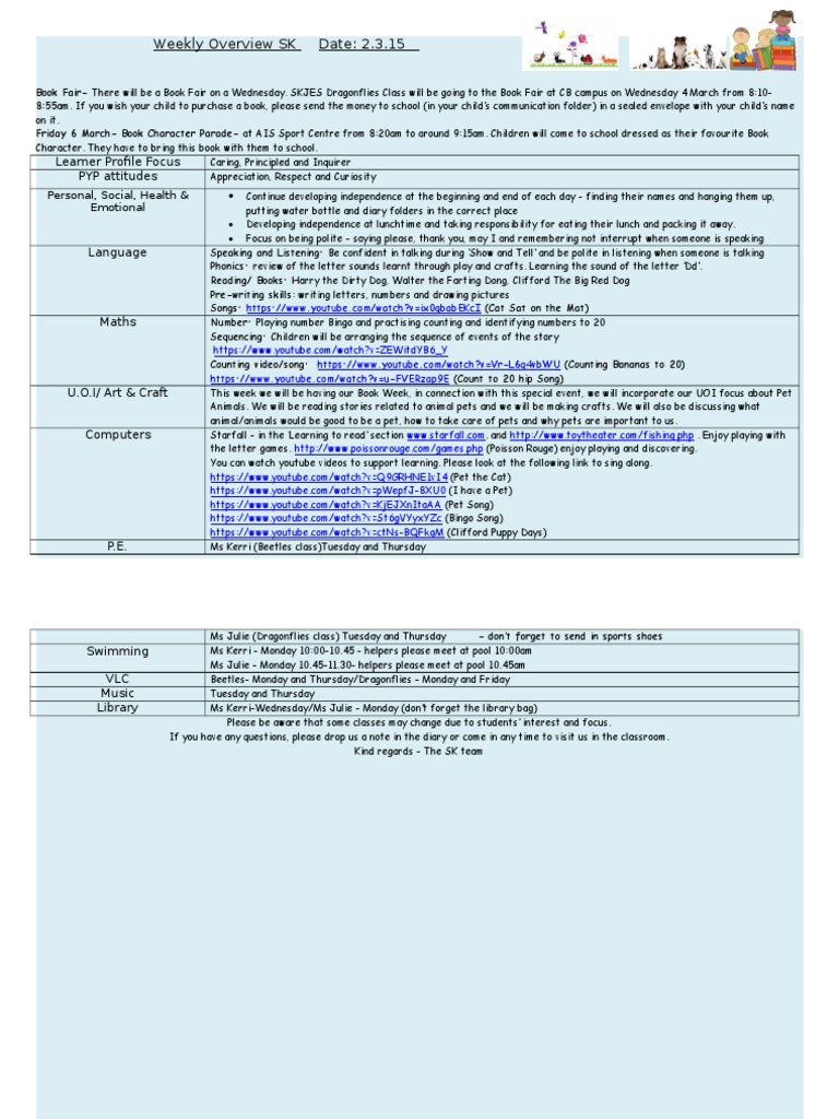 SK Weekly Overview: Book Fair & Activities | PDF | Teaching And ...