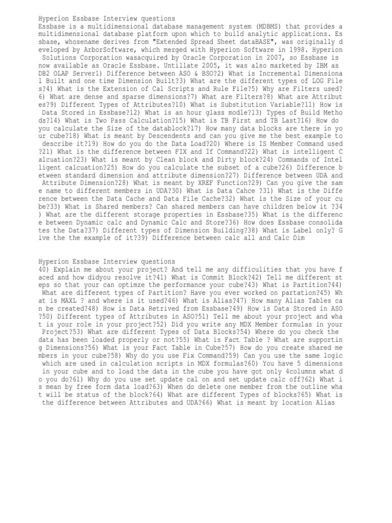 Hyperion Essbase Interview Questions | PDF | Databases | Computer Engineering