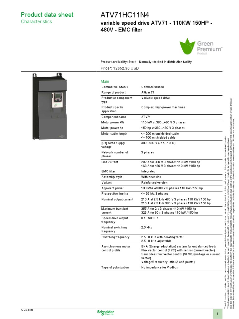 ATV71HC11N4 Variable Speed Drive Specs | PDF | International ...