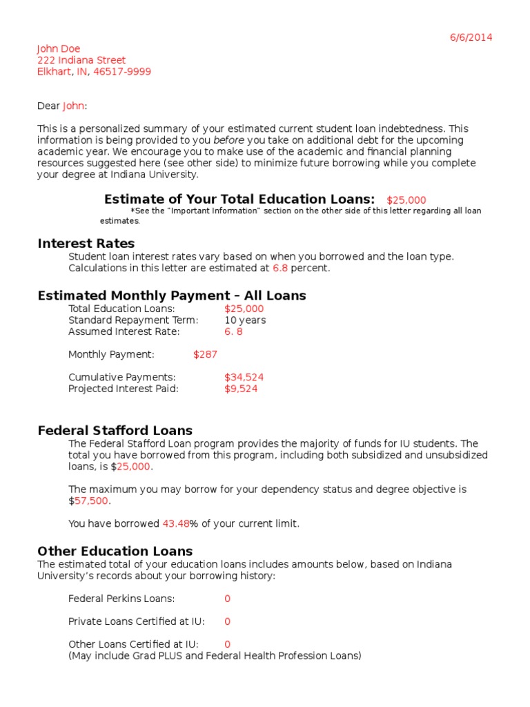 IU Loan Debt Letter (Example) | PDF | Student Loans In The United ...