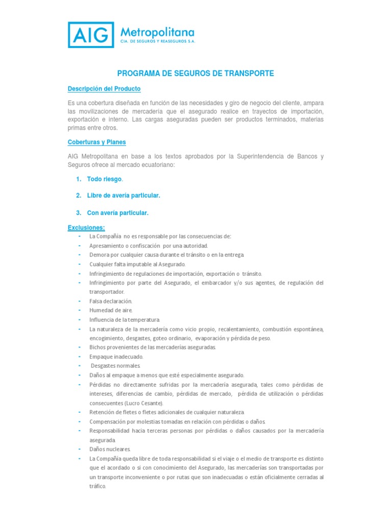 Aig Metropolitana de Seguros y Reaseguros S.A | PDF | Póliza de seguros | Seguro