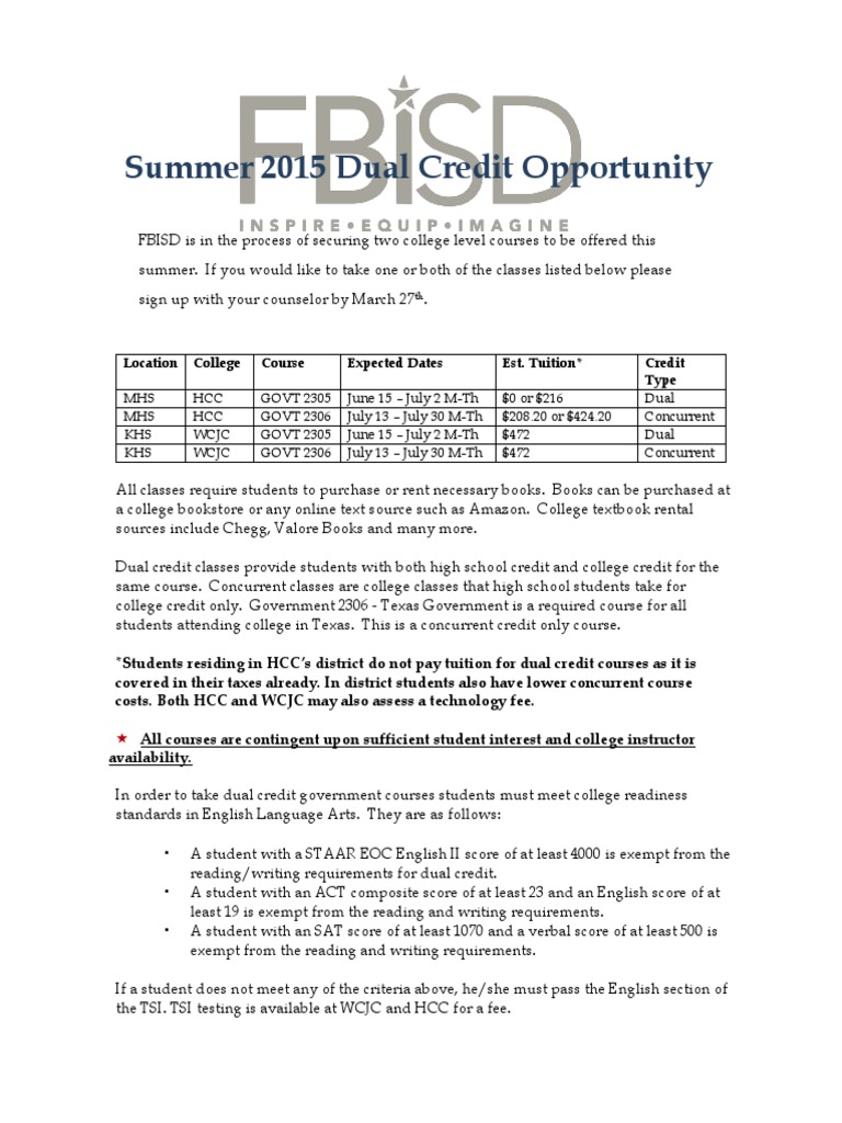 Summer 2015 Dual Credit Opportunity: Location College Course Expected ...