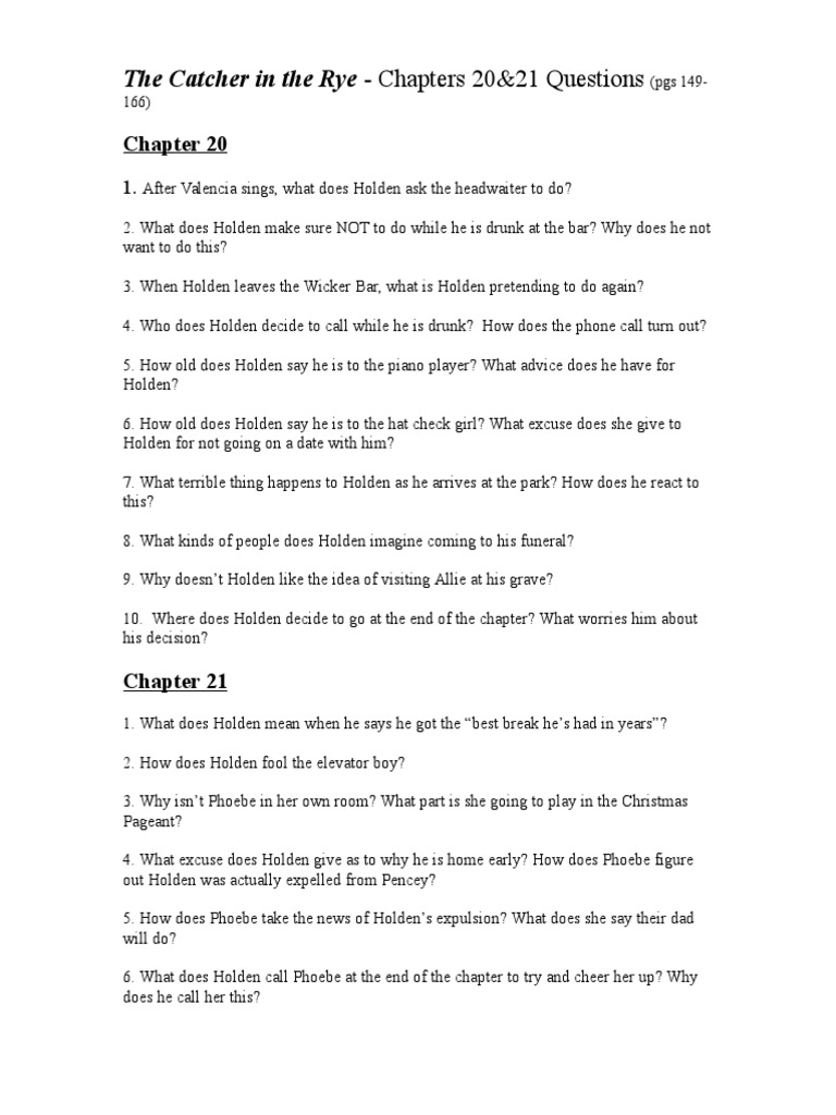 The Catcher in The Rye Chapter 20-21 Questions | PDF