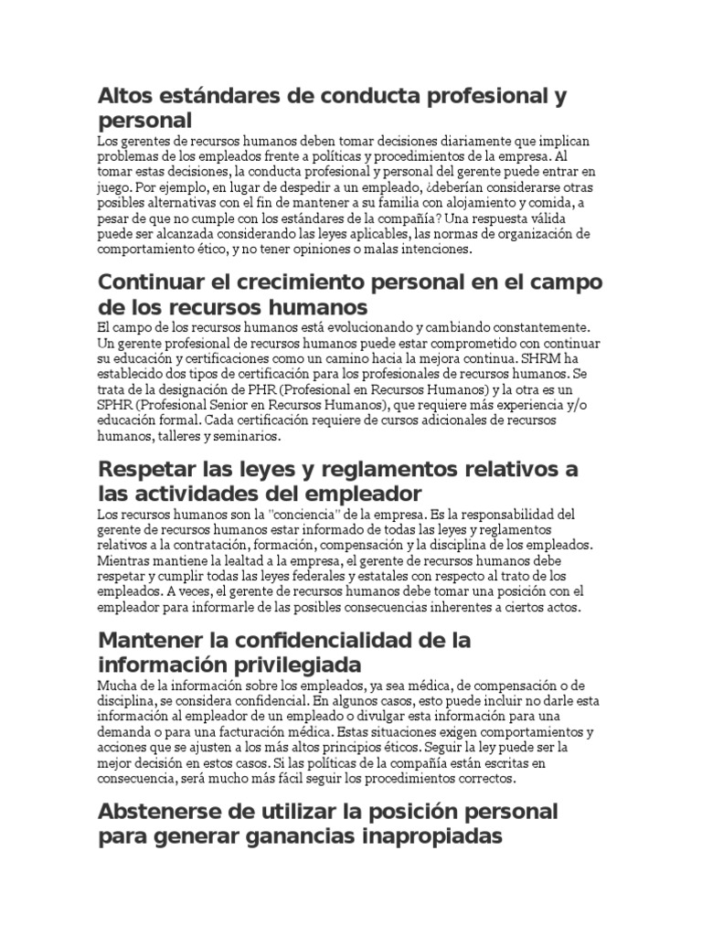 Altos Estándares de Conducta Profesional y Personal | PDF | Recursos ...