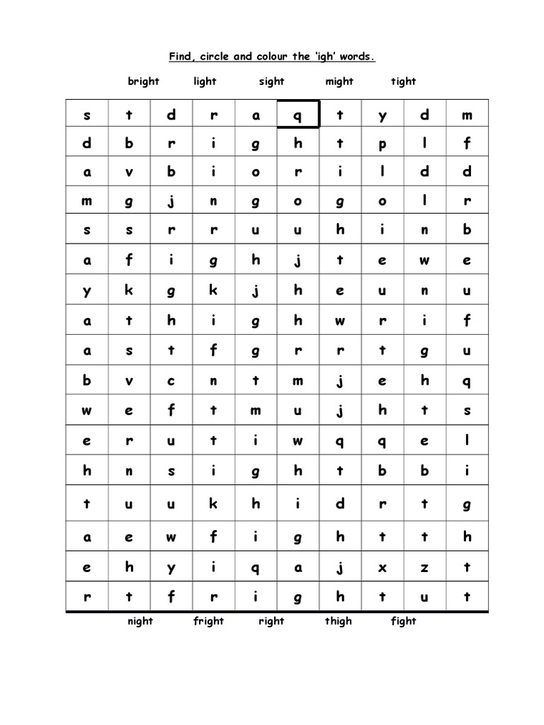 Find, Circle and Colour The Igh' Words. Bright Light Sight Might Tight ...