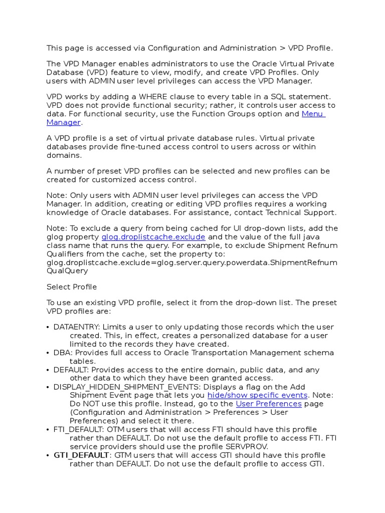 VPD Profiles Oracle OTM | PDF | Oracle Database | Data Management Software