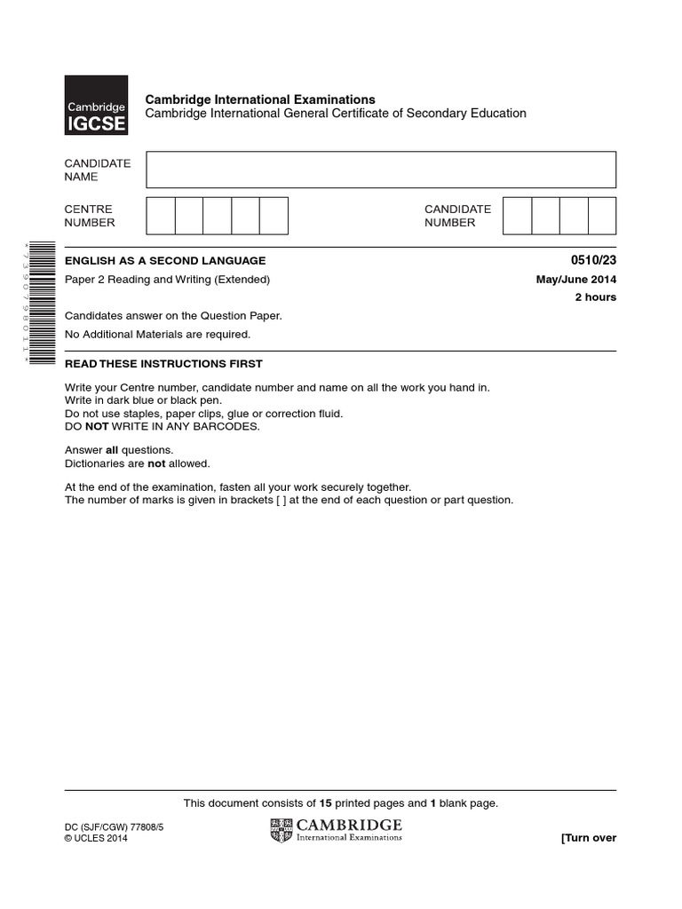 Cambridge IGCSE English Second Language Paper 23 June 2014 PDF | PDF ...