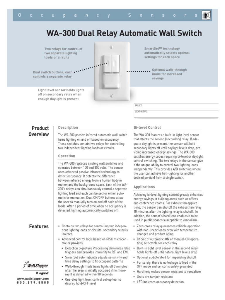 Legacy WA 300 Dual Relay Automatic Wall Switch Cut Sheet | PDF | Relay ...