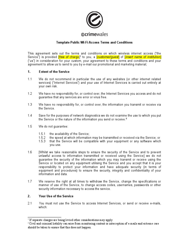Template Public Wi Fi Access Terms and Conditions | PDF | Internet | Virtue
