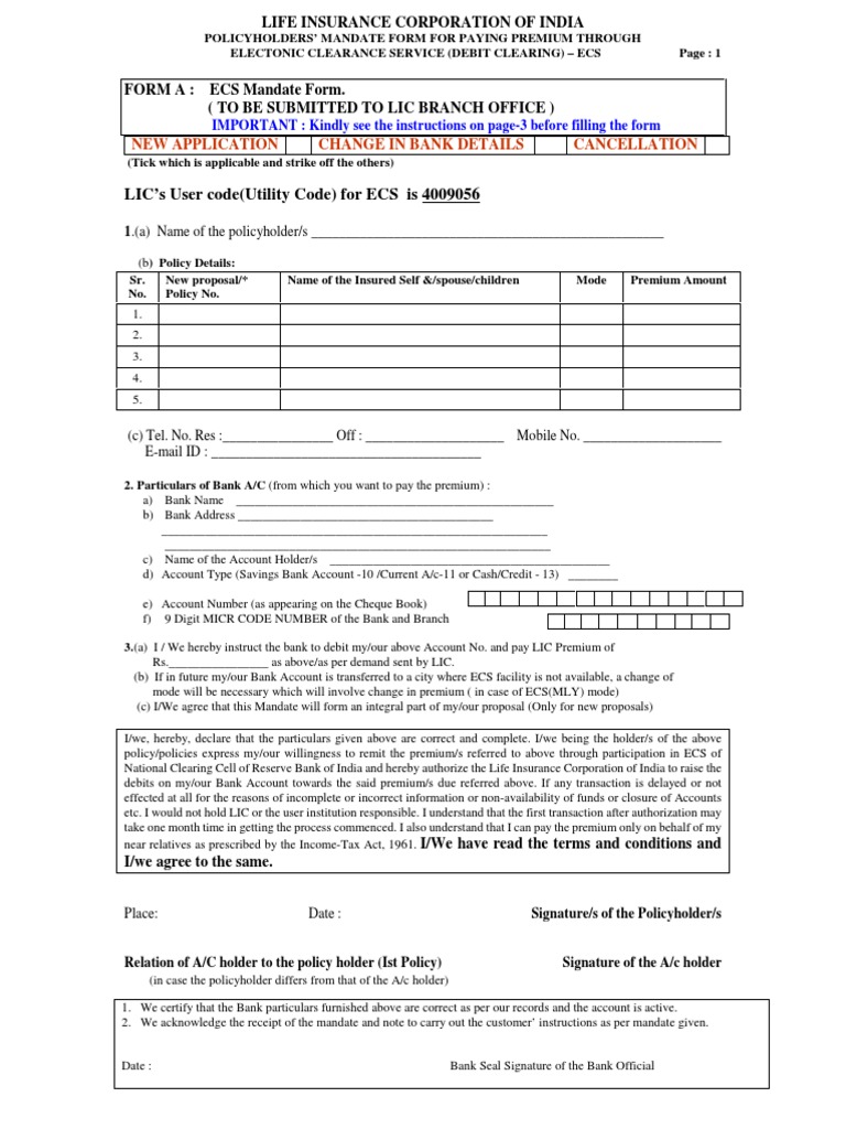 Lic Ecs Mandate Form English | Insurance | Cheque