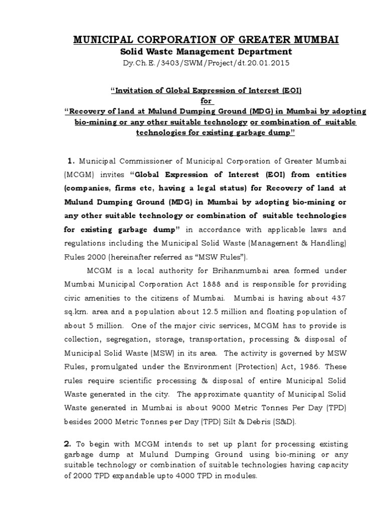 MCGM EoI Biomining | PDF | Municipal Solid Waste | Landfill