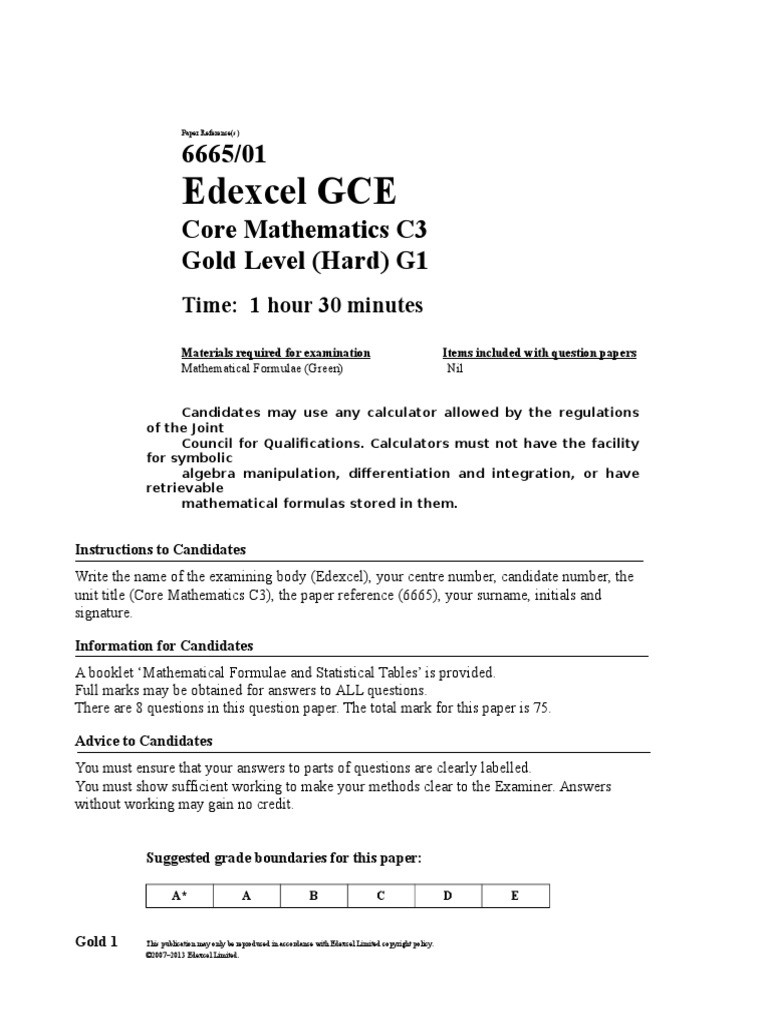Edexcel GCE: 6665/01 Core Mathematics C3 Gold Level (Hard) G1 | PDF ...