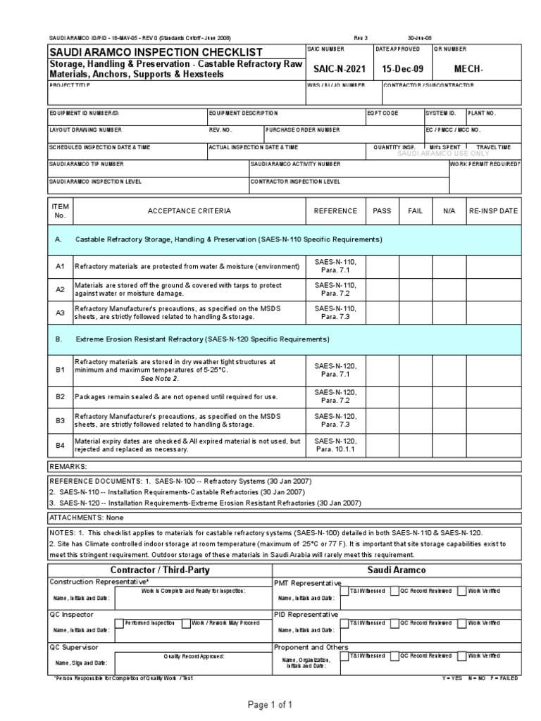 Saudi Aramco Inspection Checklist | PDF | Refractory | Industries