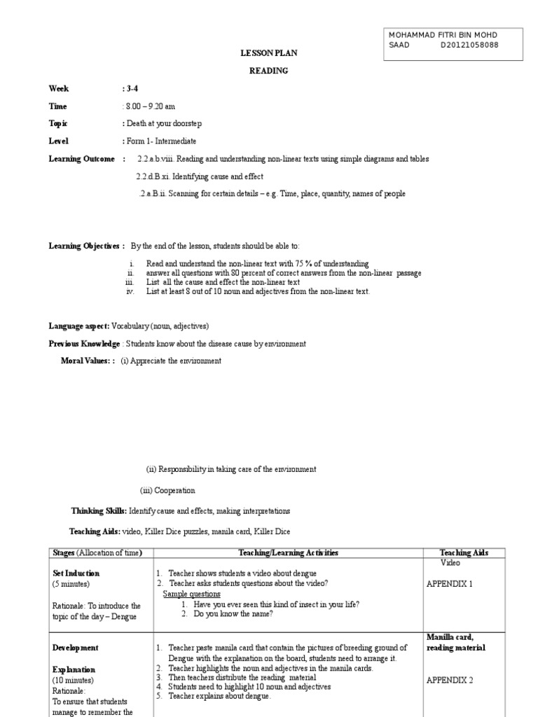 L2 Lesson Plan Reading | PDF | Lesson Plan | Pedagogy