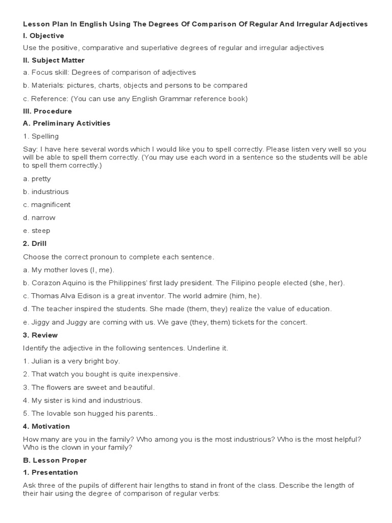 Lesson Plan in English Using The Degrees of Comparison of Regular and ...